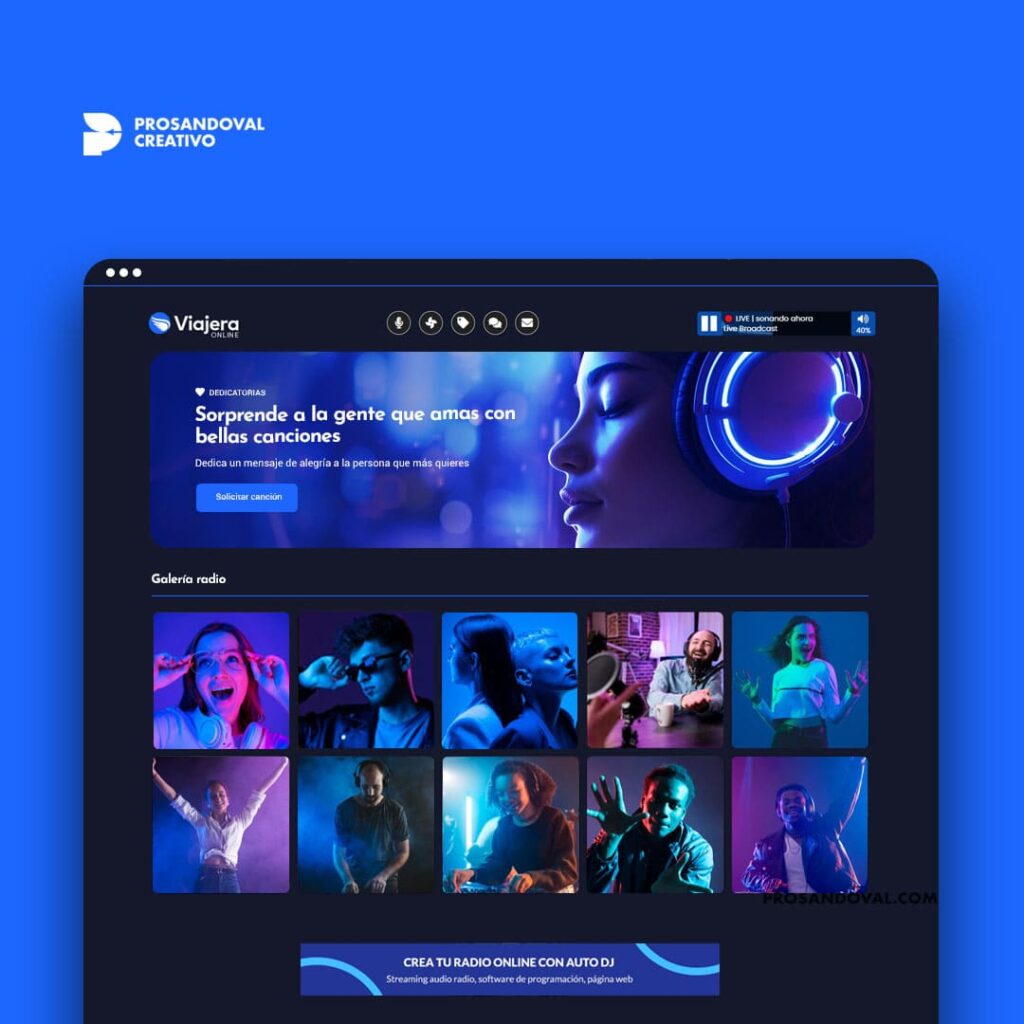 Diseño página web para radio en línea musical | Prosandoval Creativo