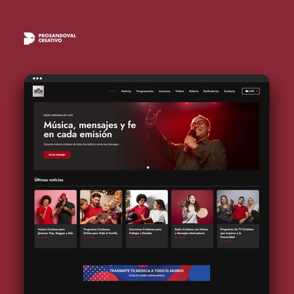 Diseño Página Web para Radio y Televisión Cristiana Evangélica | Prosandoval Creativo